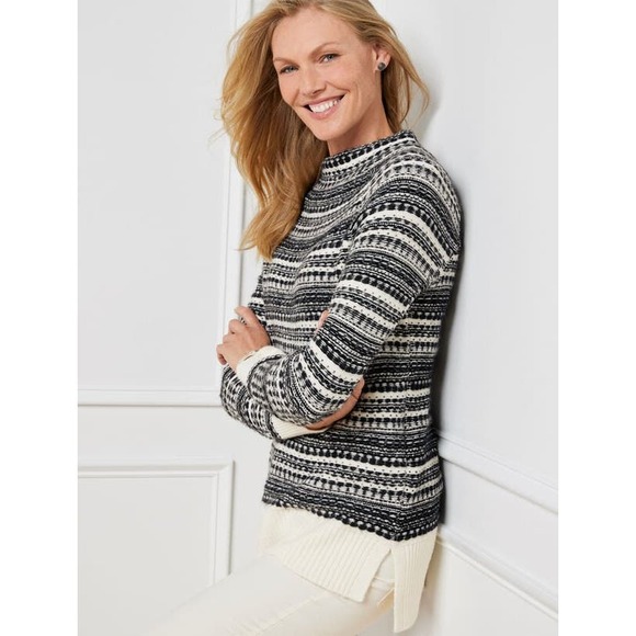 Talbots | Sweaters | Talbots Fair Isle Sweater L Bicolor Mockneck High Low Tunic Pullover Cream ...